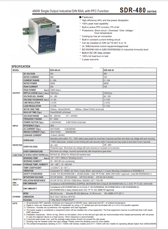 SDR-480 24V 20A 48V 10A Pfc Din Rail Mounted Switch Mode Power Supply ...